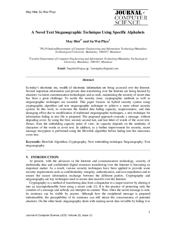 Pdf A Novel Text Steganographic Technique Using Specific Alphabets 