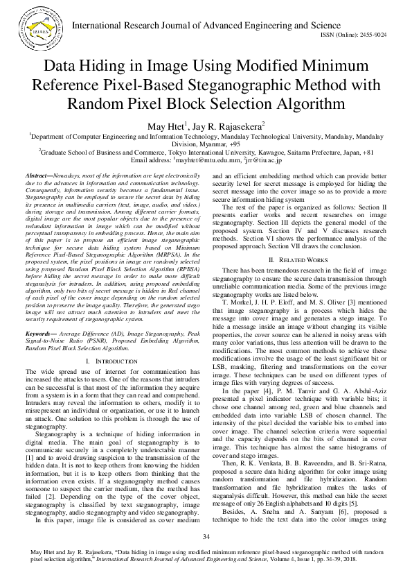 Pdf Data Hiding In Image Using Modified Minimum Reference Pixel Based Steganographic Method