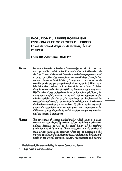 (PDF) Évolution du professionnalisme enseignant et contextes culturels ...