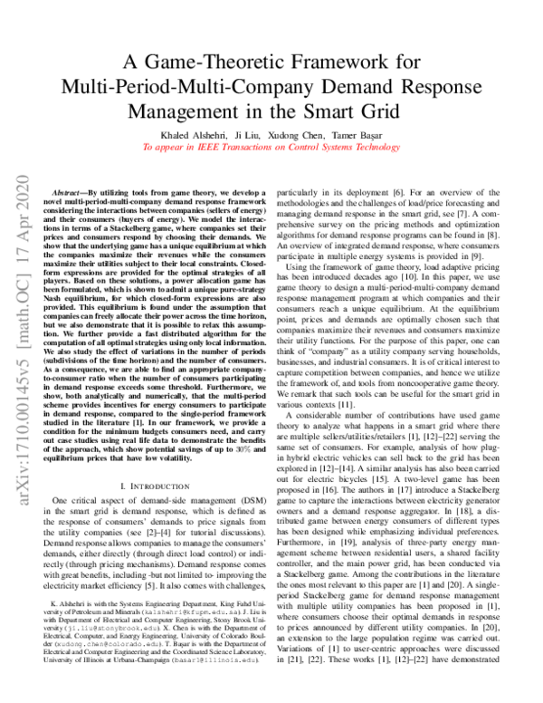 (PDF) A Game-Theoretic Framework for Multiperiod-Multicompany Demand Response Management in the ...