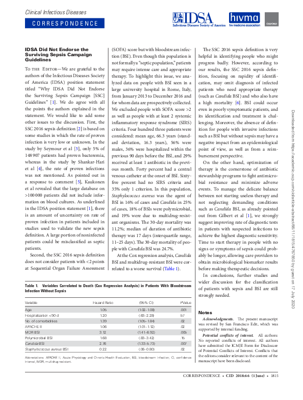 (PDF) Idsa Did Not Endorse the Surviving Sepsis Campaign Guidelines