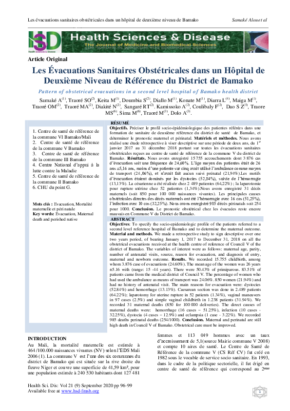 (PDF) Les Évacuations Sanitaires Obstétricales dans un Hôpital de ...