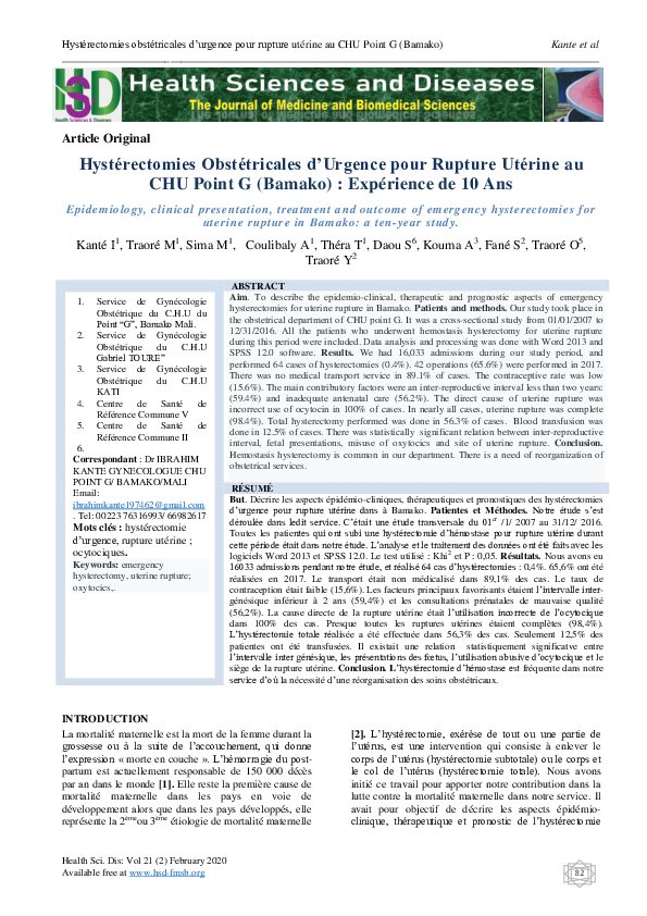 (PDF) Hystérectomies Obstétricales d’Urgence pour Rupture Utérine au ...