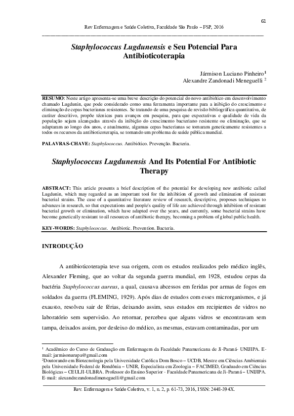(PDF) Staphylococcus Lugdunensis e Seu Potencial Para Antibioticoterapia