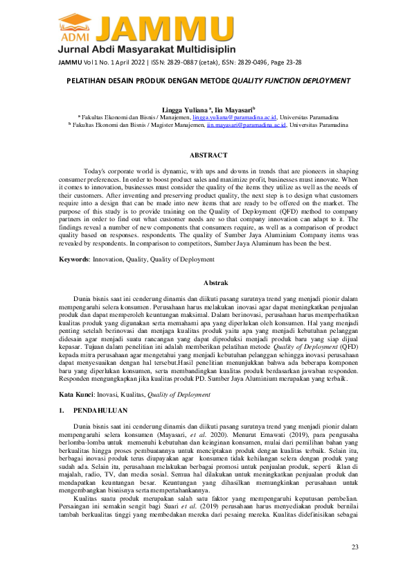 (PDF) Pelatihan Desain Produk Dengan Metode Quality Function Deployment