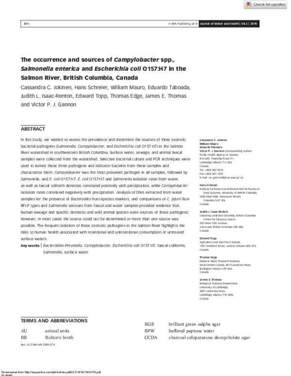 (PDF) The occurrence and sources of Campylobacter spp., Salmonellaenterica and Escherichia coli ...