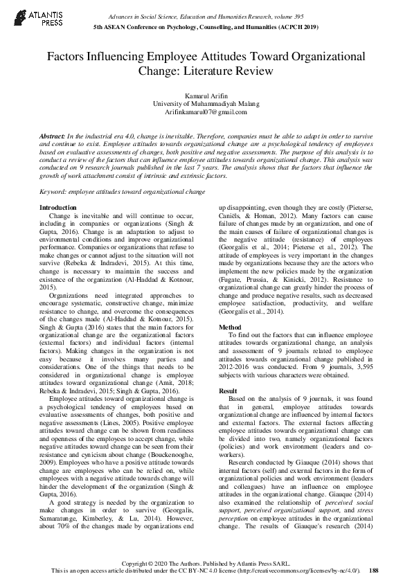(PDF) Factors Influencing Employee Attitudes Toward Organizational Change: Literature Review