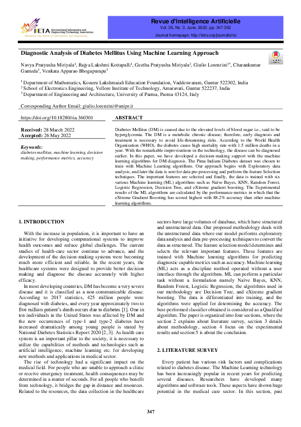 (PDF) Diagnostic Analysis of Diabetes Mellitus Using Machine Learning ...