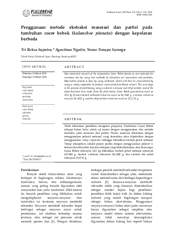(PDF) Penggunaan metode ekstraksi maserasi dan partisi pada tumbuhan ...