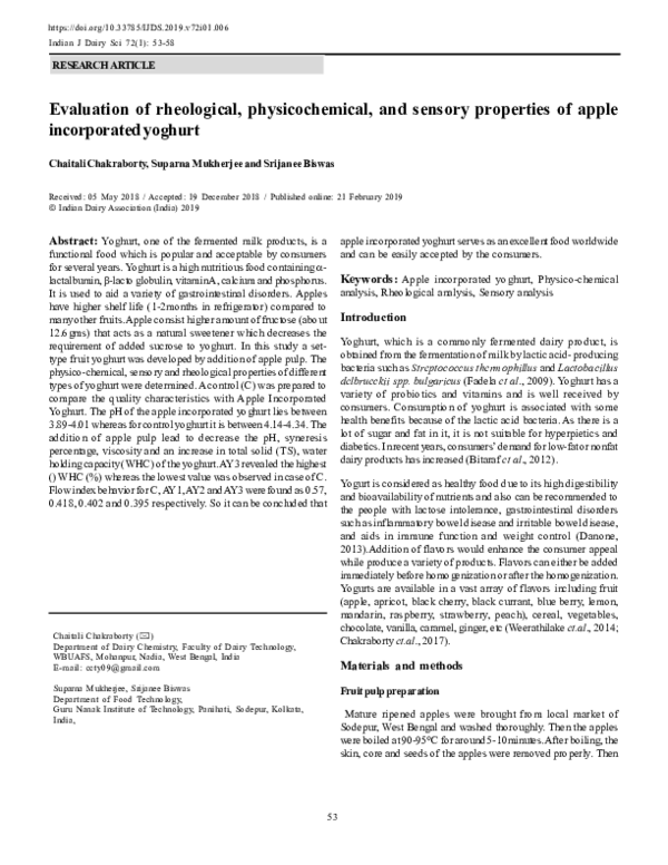 (PDF) Evaluation of Rheological, Physicochemical, and Sensory properties of Apple fortified Yoghurt