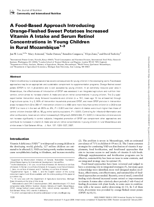 (PDF) A Food-Based Approach Introducing Orange-Fleshed Sweet Potatoes Increased Vitamin A Intake ...