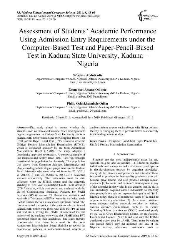 (PDF) Assessment of Students’ Academic Performance Using Admission ...
