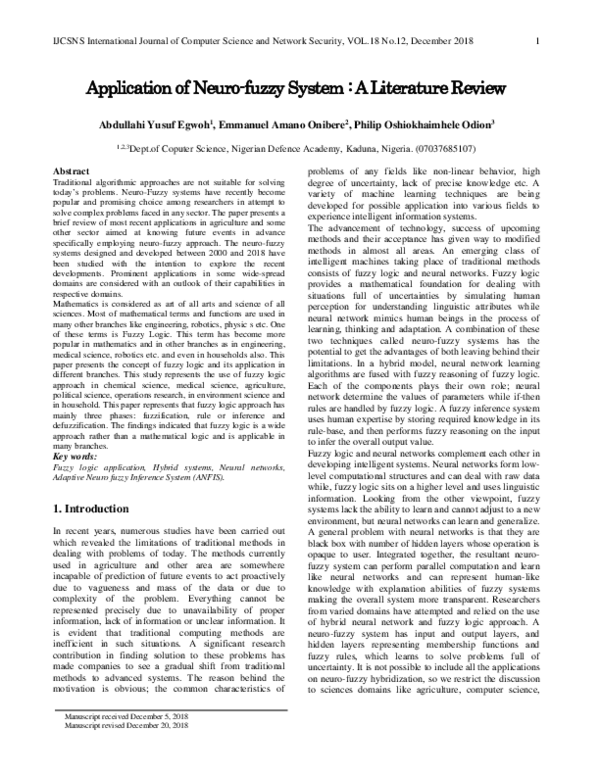 (PDF) Application of Neuro-fuzzy System : A Literature Review