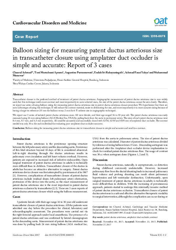 (PDF) Balloon sizing for measuring patent ductus arteriosus size in ...