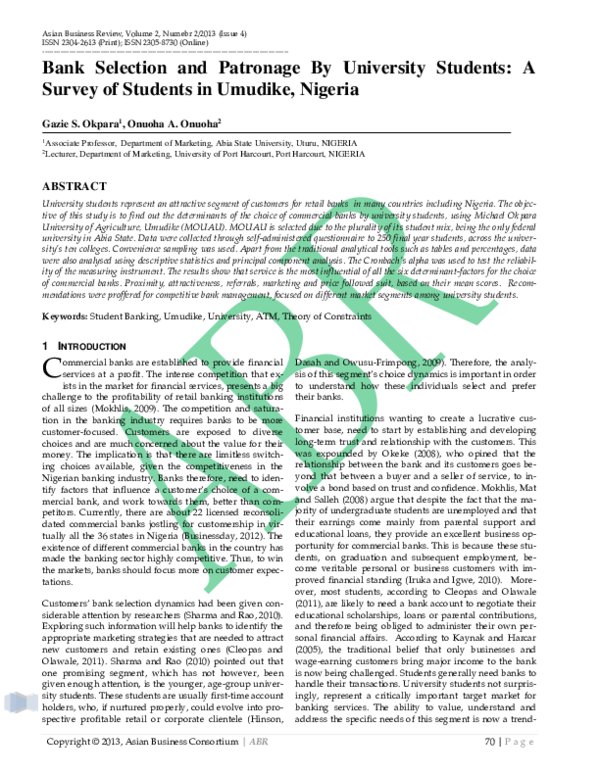 (PDF) Bank Selection and Patronage By University Students: A Survey of ...