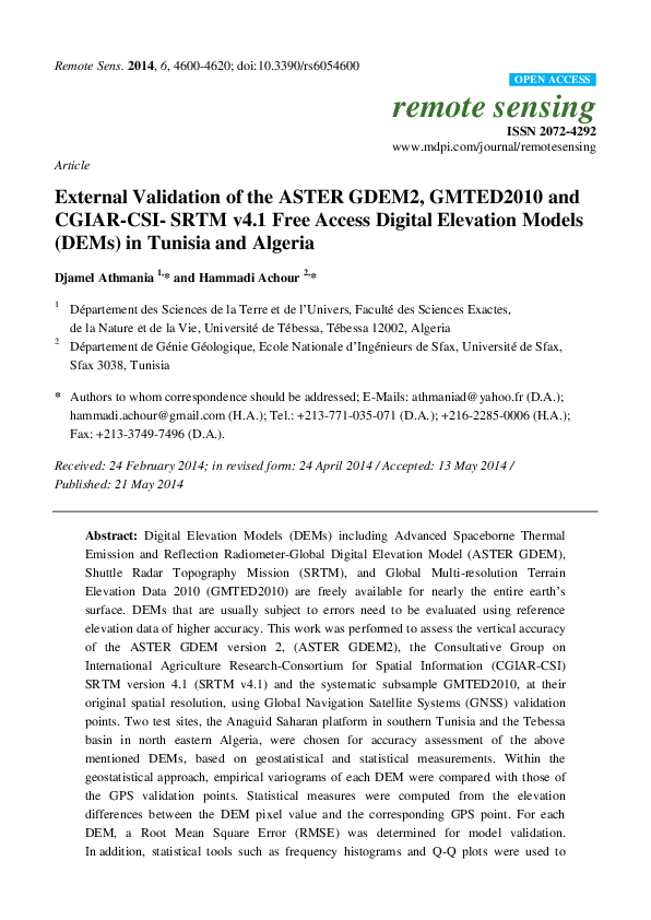 (PDF) External Validation of the ASTER GDEM2, GMTED2010 and CGIAR-CSI- SRTM v4.1 Free Access ...