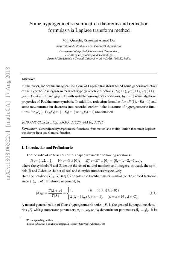 Pdf Some Hypergeometric Summation Theorems And Reduction Formulas Via Laplace Transform Method