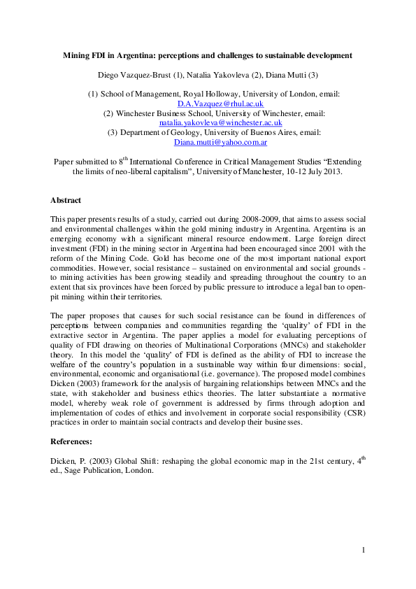 (PDF) Mining FDI in Argentina: perceptions and challenges to ...