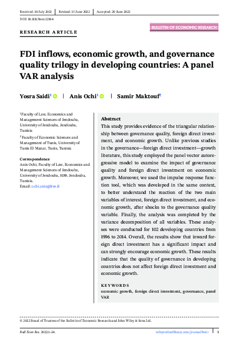 (PDF) FDI inflows, economic growth, and governance quality trilogy in ...
