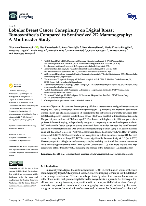 (PDF) Lobular Breast Cancer Conspicuity on Digital Breast Tomosynthesis Compared to Synthesized ...