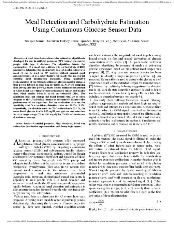 Pdf Meal Detection And Carbohydrate Estimation Using Continuous Glucose Sensor Data