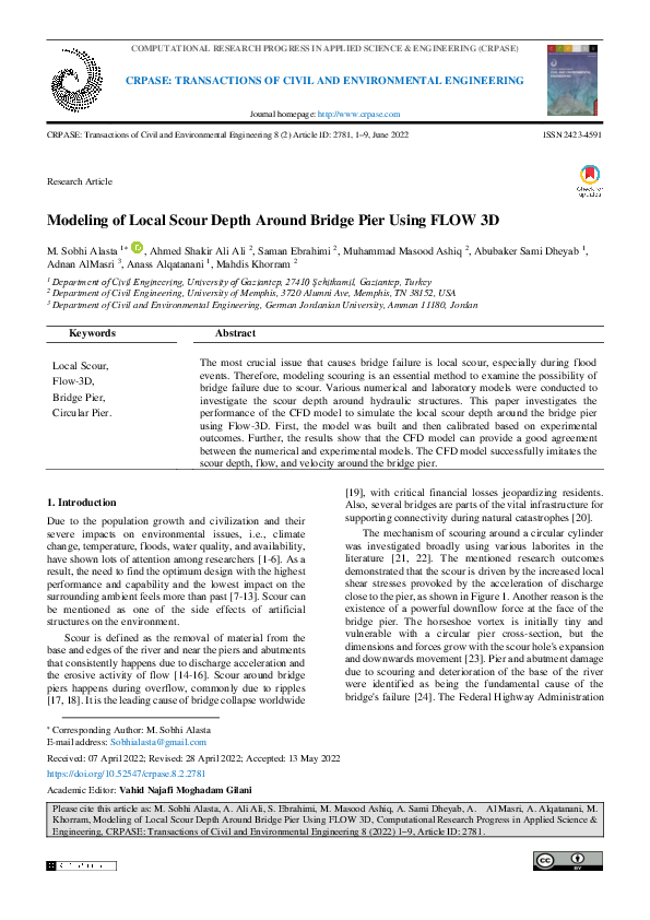 (PDF) Modeling of Local Scour Depth Around Bridge Pier Using FLOW 3D
