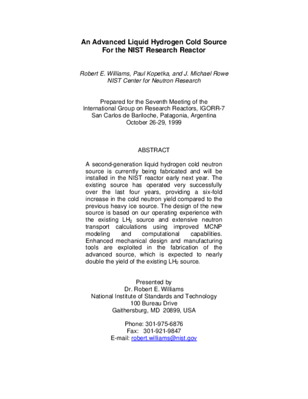 (PDF) An Advanced Liquid Hydrogen Cold Source For the NIST Research Reactor