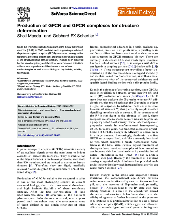 (PDF) Production of GPCR and GPCR complexes for structure determination