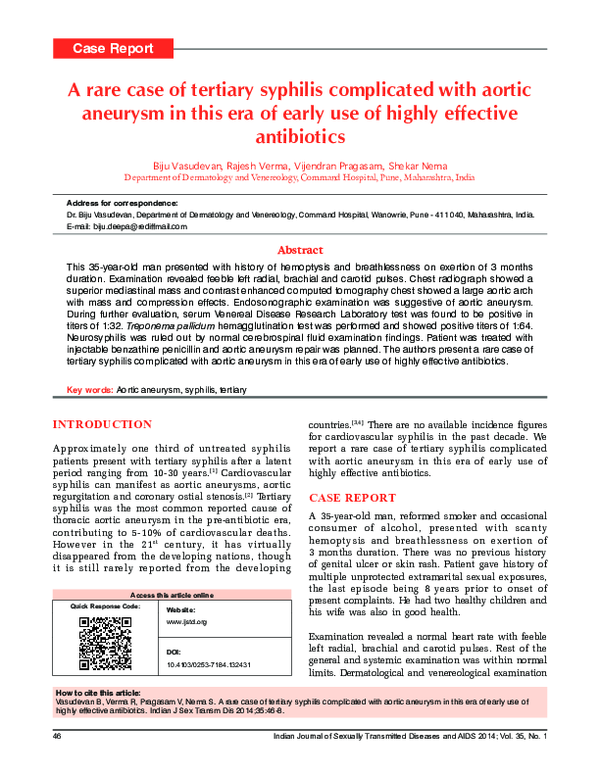 (PDF) A rare case of tertiary syphilis complicated with aortic aneurysm ...