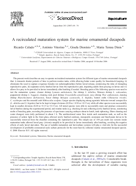 (PDF) A recirculated maturation system for marine ornamental decapods
