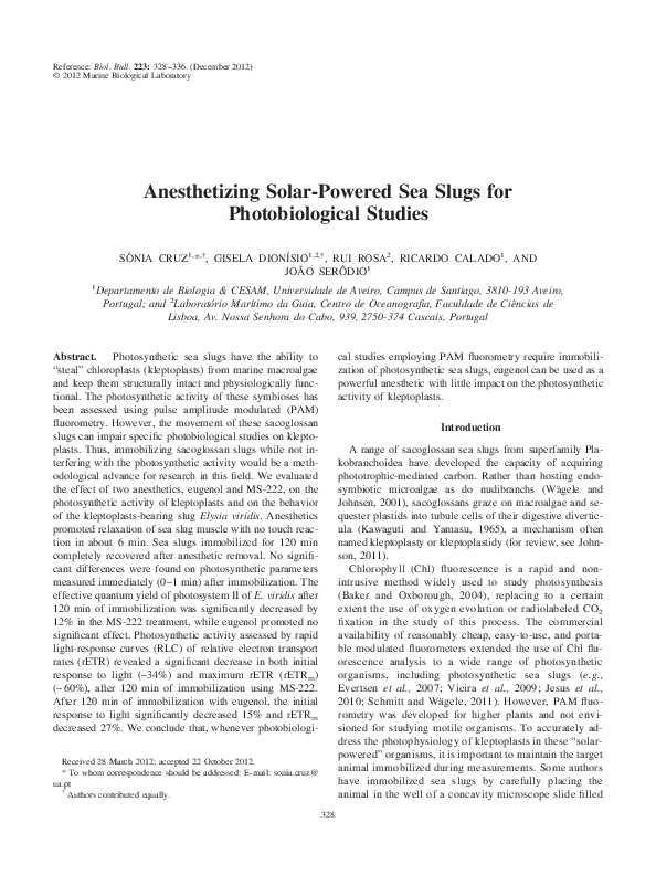 (PDF) Anesthetizing solar-powered sea slugs for photobiological studies