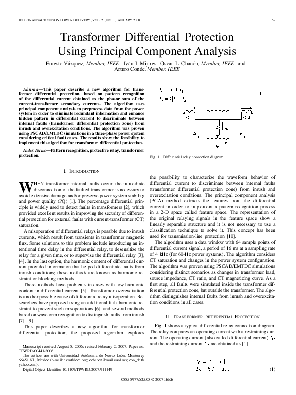 Pdf Transformer Differential Protection Using Principal Component