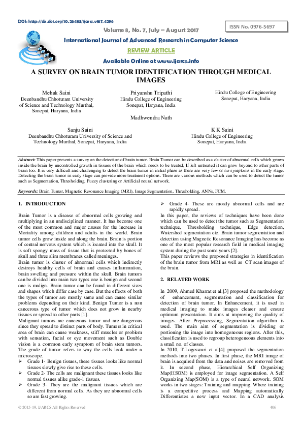 (PDF) A Survey on Brain Tumor Identification Through Medical Images