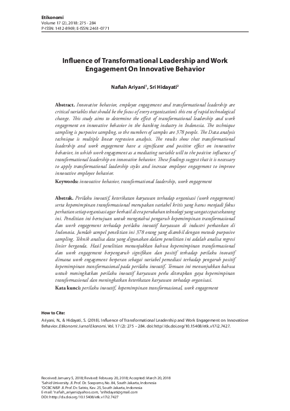 (PDF) Influence of Transformational Leadership and Work Engagement On Innovative Behavior