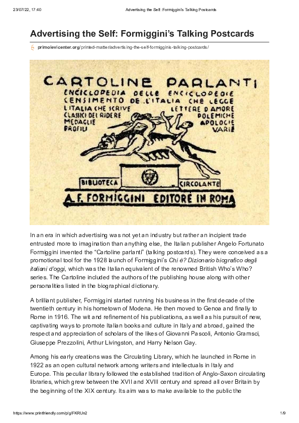 (PDF) Advertising the Self: Formiggini's Talking Postcards | Elisa ...