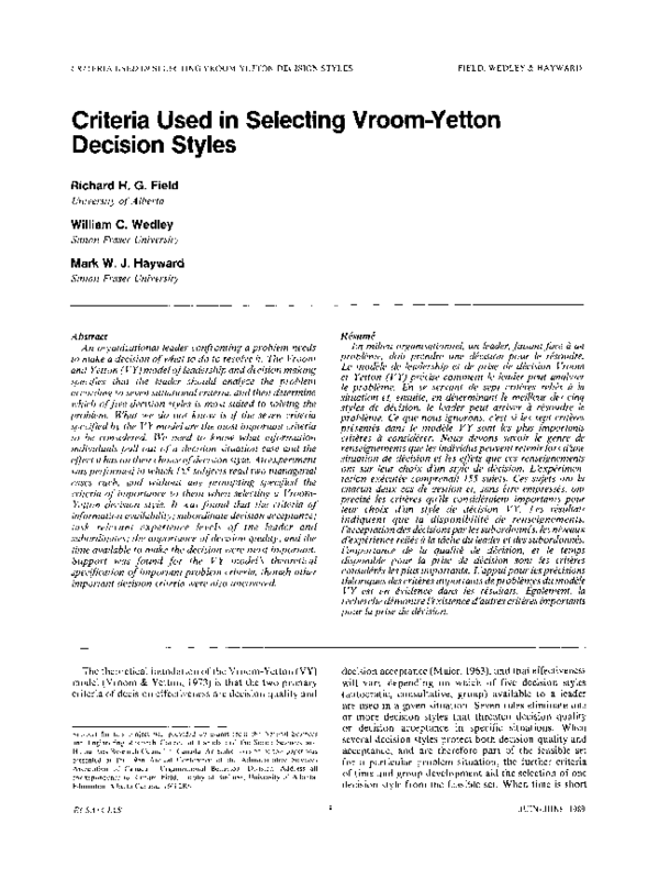 (PDF) Criteria Used in Selecting Vroom-Yetton Decision Styles