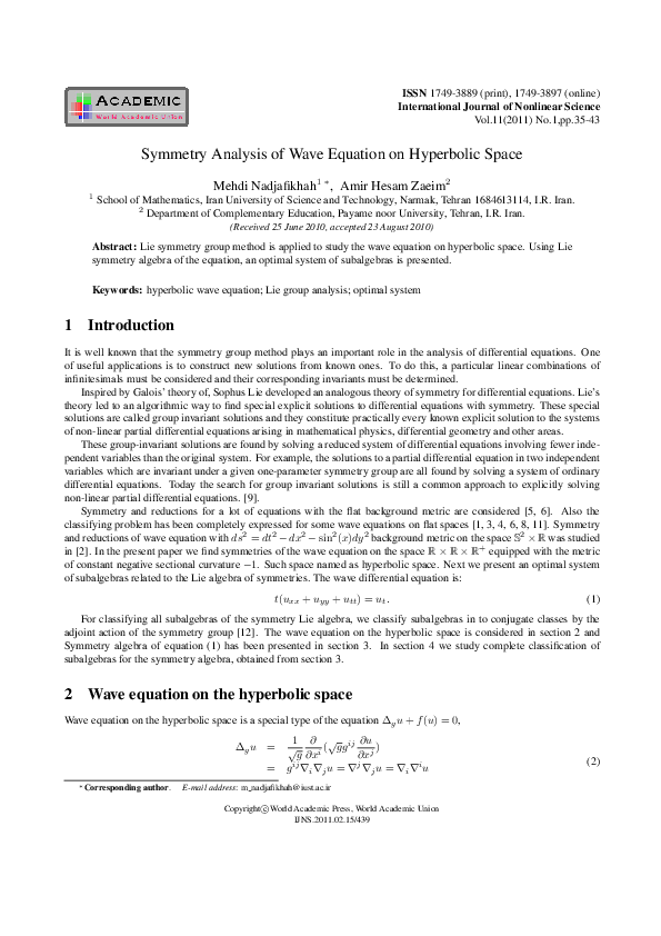 (PDF) Symmetry Analysis of Wave Equation on Hyperbolic Space