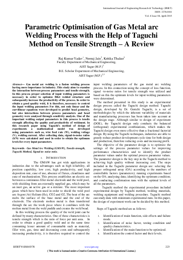 (PDF) Parametric Optimisation of Gas Metal arc Welding Process with the ...