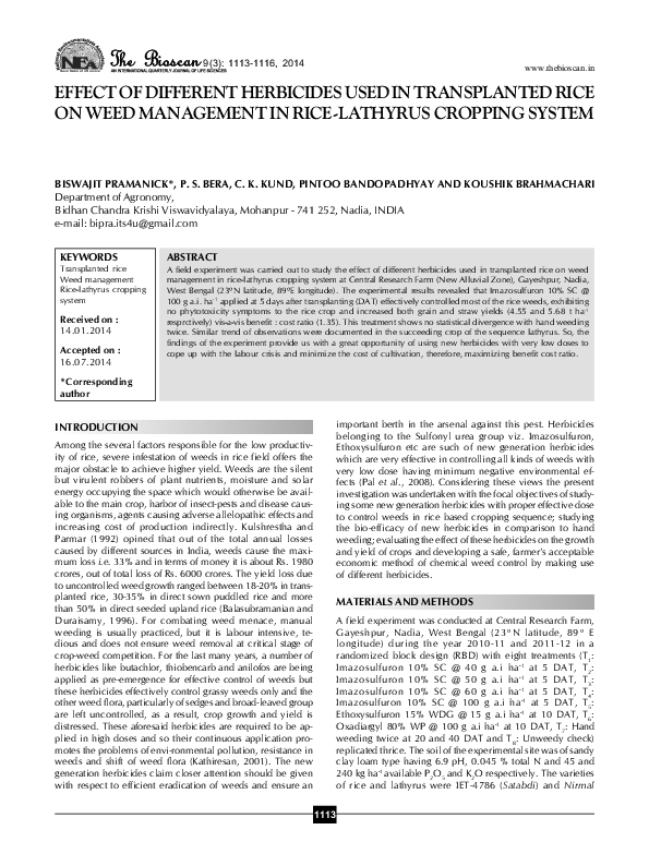 (PDF) Effect of Different Herbicides Used in Transplanted Rice on Weed ...