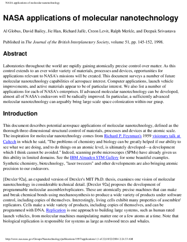 (PDF) Nasa applications of molecular nanotechnology | Richard Jaffe ...