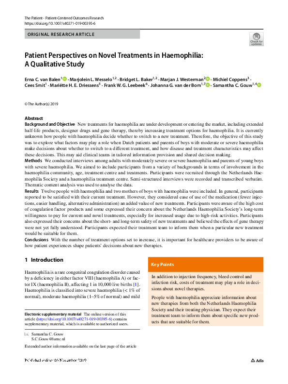(PDF) Patient Perspectives on Novel Treatments in Haemophilia: A ...