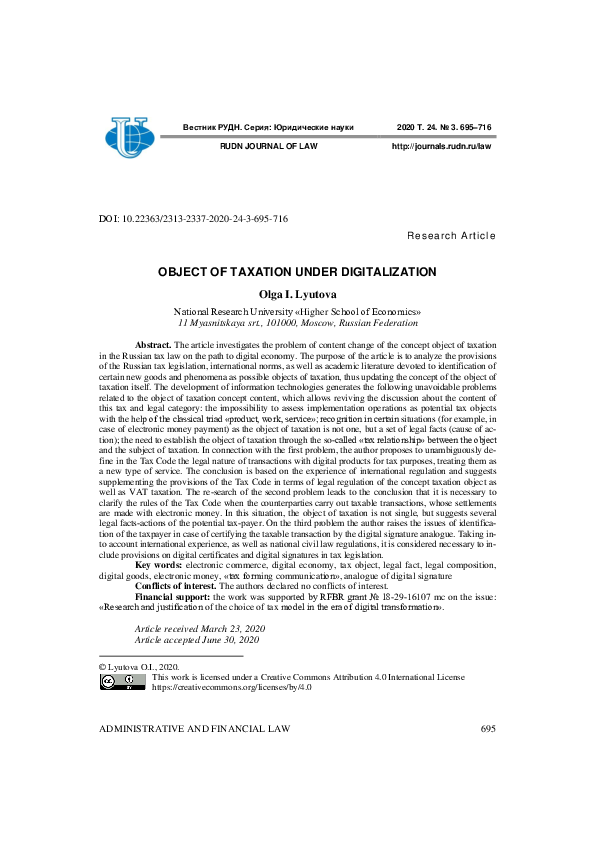 (PDF) Object of Taxation Under Digitalization