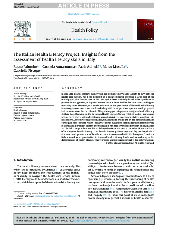 (PDF) The Italian Health Literacy Project: Insights from the assessment ...