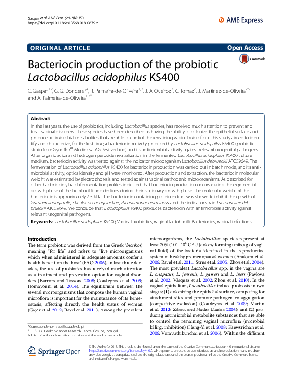 (PDF) Bacteriocin production of probiotic Lactobacillus gasseri LA39 ...