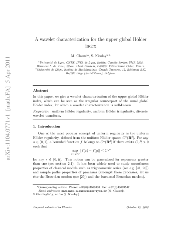 Pdf A Wavelet Characterization For The Upper Global Hölder Index Samuel Nicolay