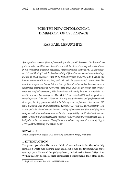 (PDF) BCIs – The New Ontological Dimension of Cyberspace