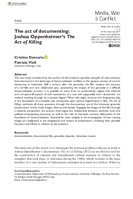 (PDF) The act of documenting: Joshua Oppenheimer’s The Act of Killing