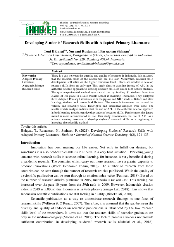 (PDF) Developing Students’ Research Skills with Adapted Primary Literature