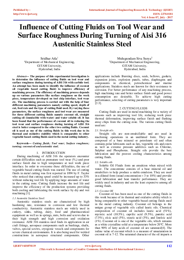 Pdf Influence Of Cutting Fluids On Tool Wear And Surface Roughness