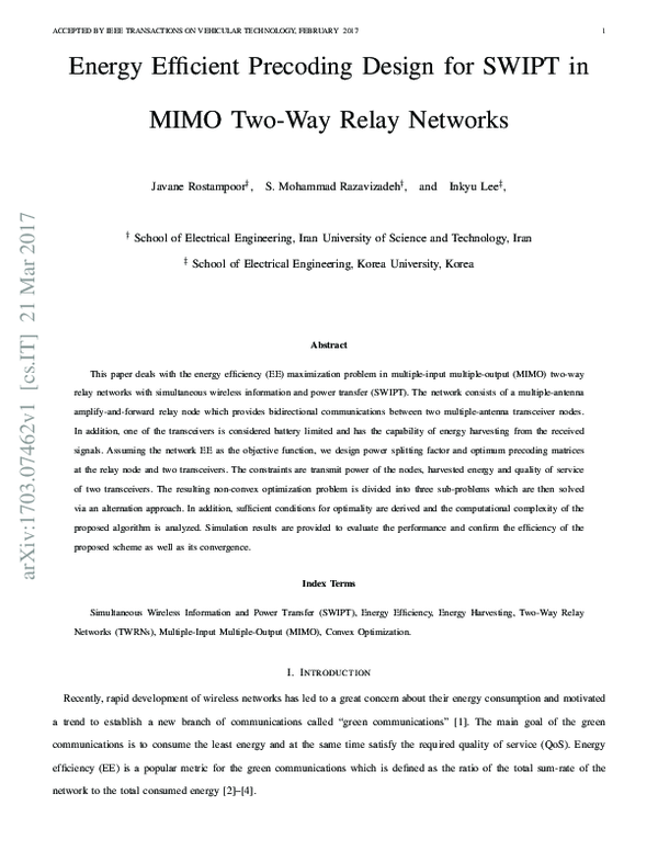 Pdf Energy Efficient Precoding Design For Swipt In Mimo Two Way Relay Networks Mohammad